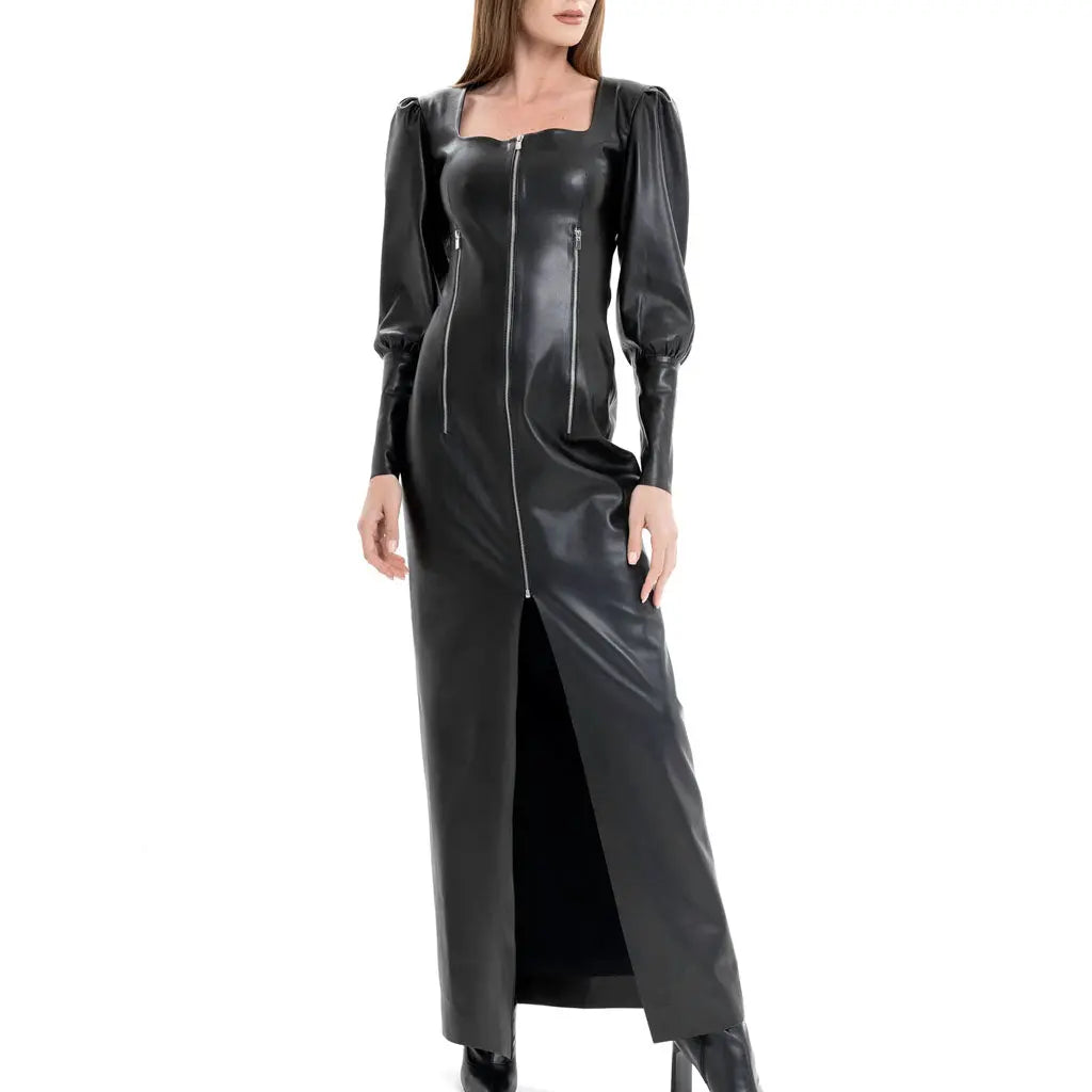 LeatherViz Vegan Leather Fall Gown Square Neck