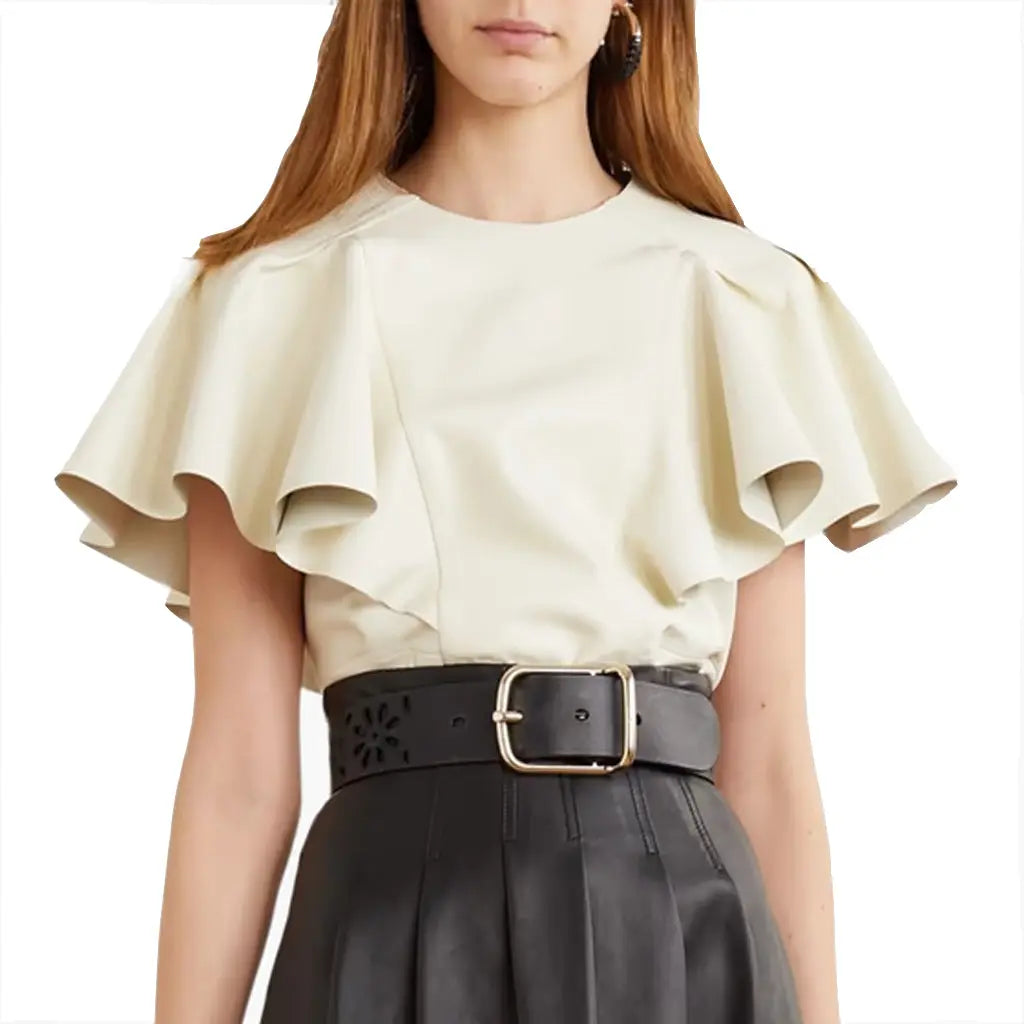 Ruffled Sleeves Women Leather Top In White – LeatherViz- Latest In Fashion