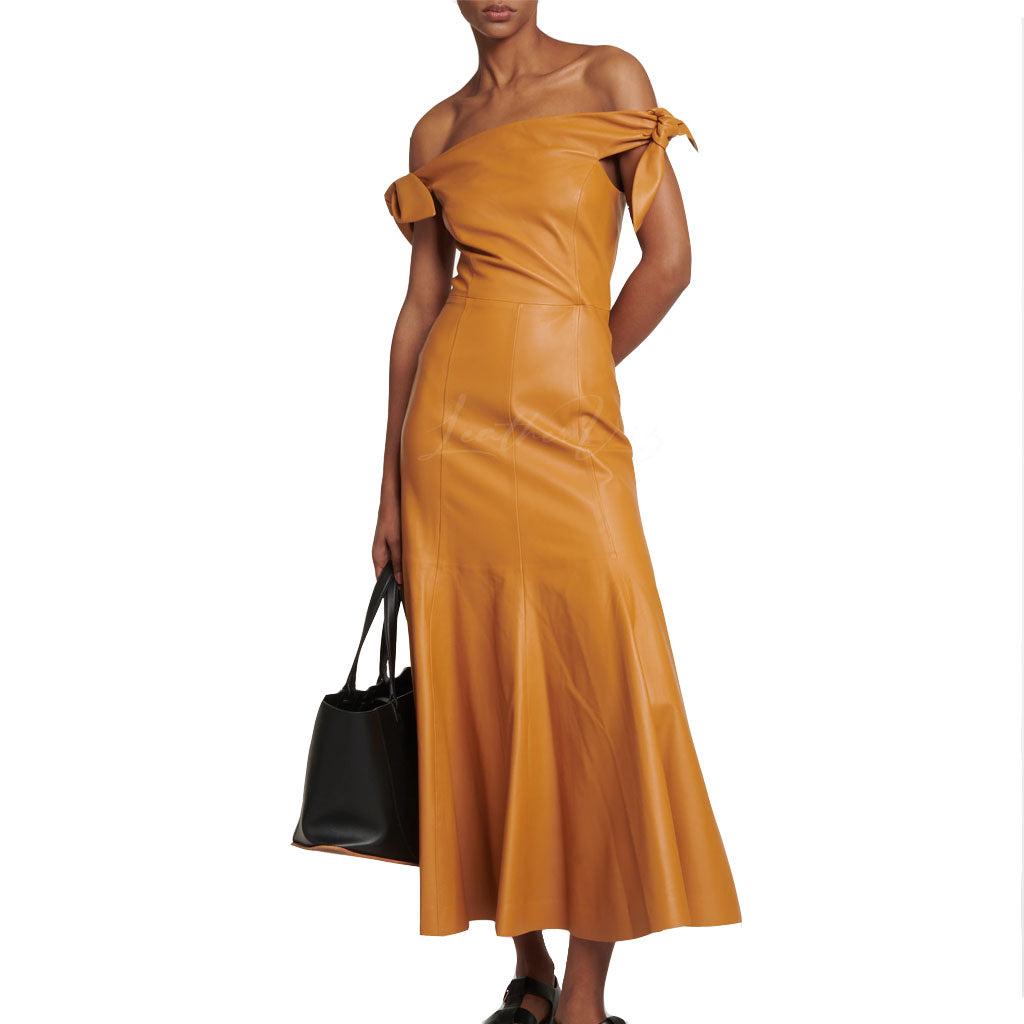 Off-Shoulder Women Leather Midi Dress-Women Leather Gown – LeatherViz ...