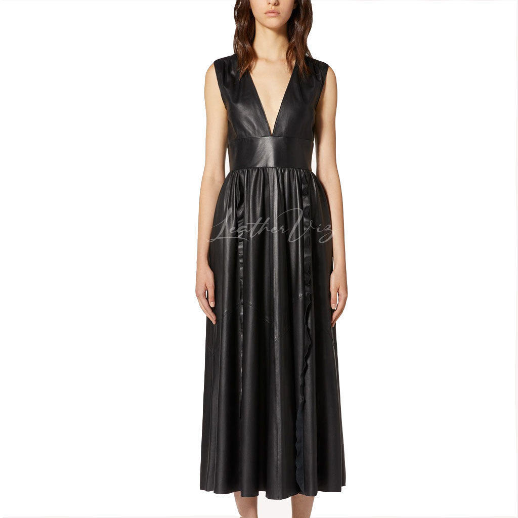 Deep V-Neck Long Black Leather Dress- Sleeveless Leather Gown ...