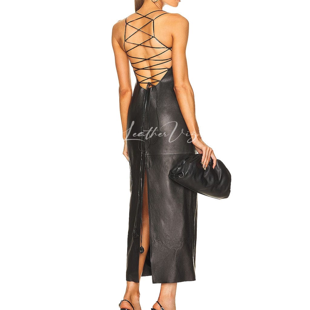 LACE UP BACK WOMEN LEATHER GOWN- WOMEN LEATHER DRESS – LeatherViz