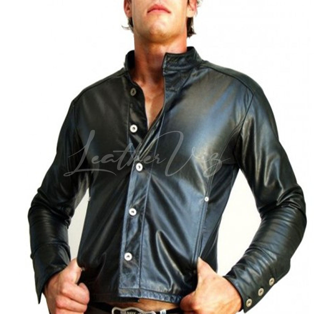 Stand-Up Collar Men Leather Shirt- Lambskin Leather Shirt – LeatherViz